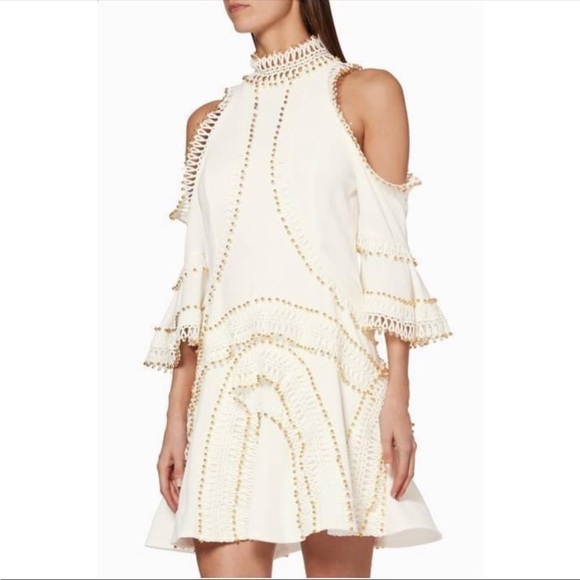 Dresses | Latistie By Amy White Gold Beaded Cold Shoulder Dress Mock ...